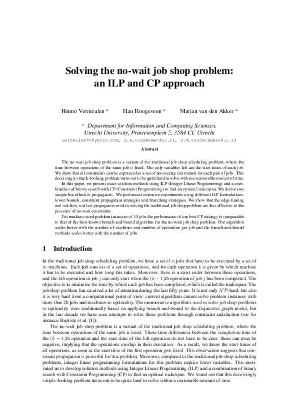 (PDF) Solving the no-wait job shop problem: an ILP and CP approach (PDF) Solving the no-wait job shop problem: an ILP and CP approach