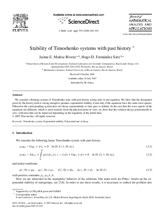 (PDF) Stability of Timoshenko systems with past history