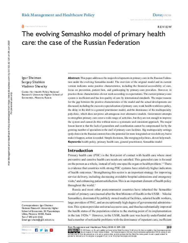 (PDF) The evolving Semashko model of primary health care: the case of ...