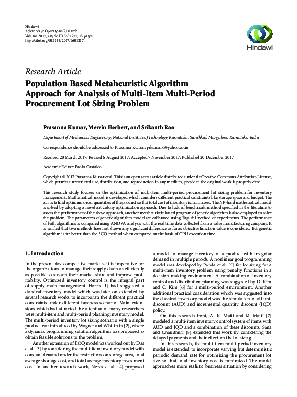 (PDF) Population Based Metaheuristic Algorithm Approach for Analysis of Multi-Item Multi-Period ...