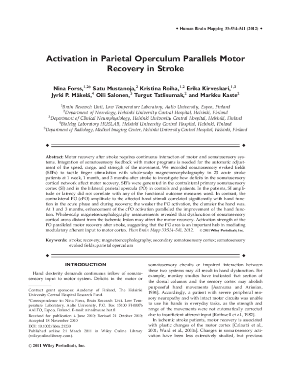 (PDF) Activation in parietal operculum parallels motor recovery in stroke