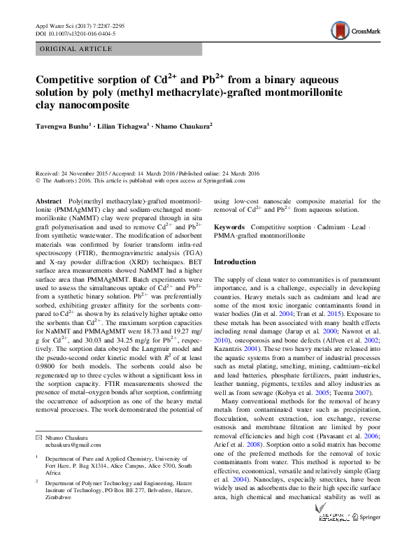 (PDF) Competitive sorption of Cd2+ and Pb2+ from a binary aqueous solution by poly (methyl ...