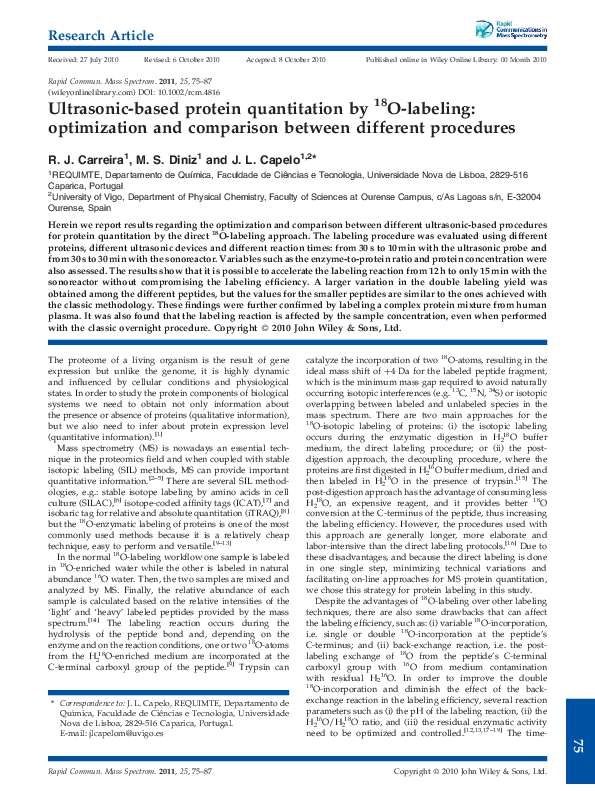 (PDF) Ultrasonic-based protein quantitation by 18O-labeling: optimization and comparison between ...