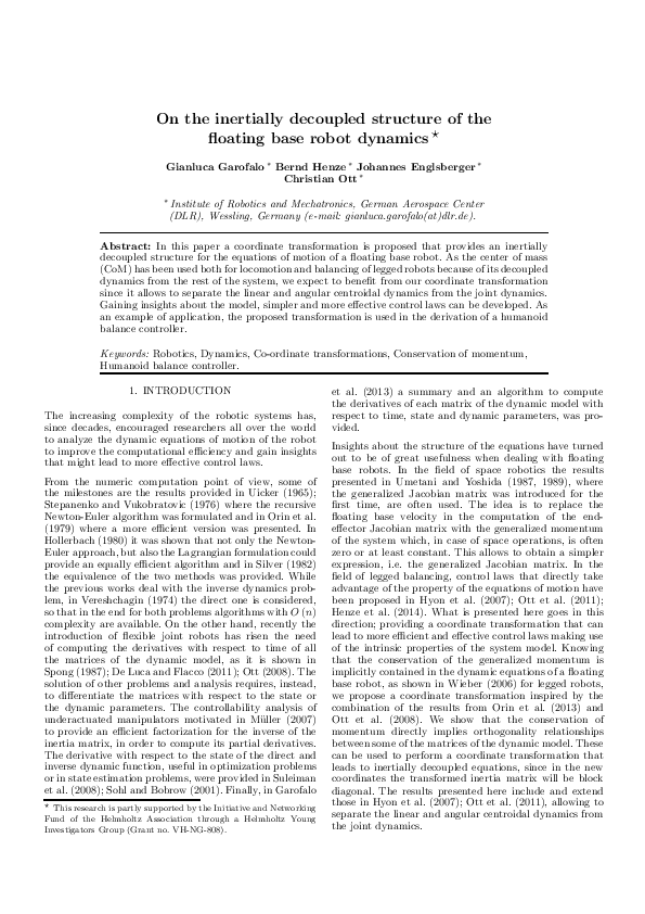 (PDF) On the inertially decoupled structure of the floating base robot ...