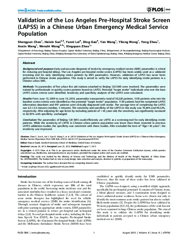 (PDF) Validation of the Los Angeles pre-hospital stroke screen (LAPSS ...