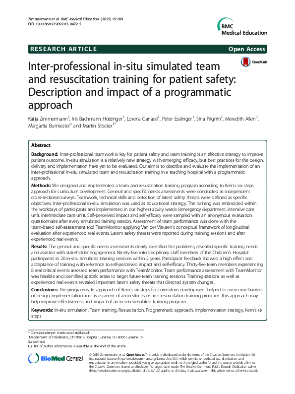 (PDF) Inter-professional in-situ simulated team and resuscitation ...