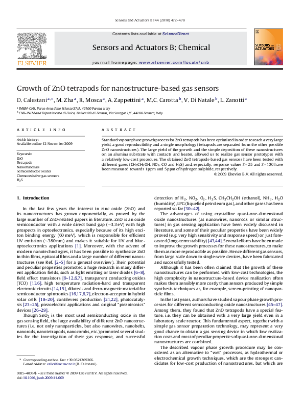 (PDF) Growth of ZnO tetrapods for nanostructure-based gas sensors
