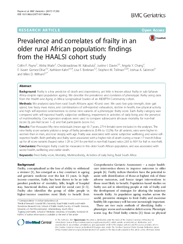 (PDF) Prevalence and correlates of frailty in an older rural African ...