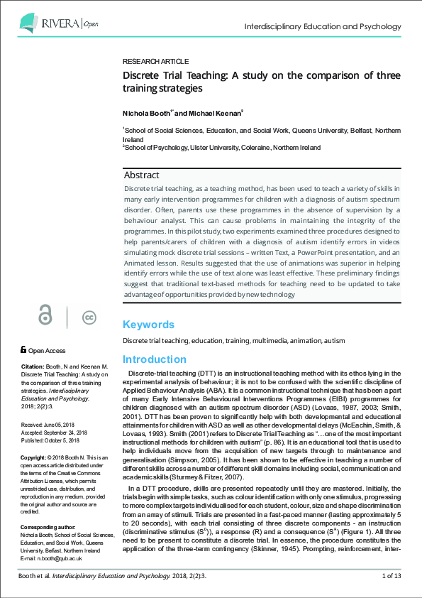 (PDF) Discrete Trial Teaching: A study on the comparison of three ...