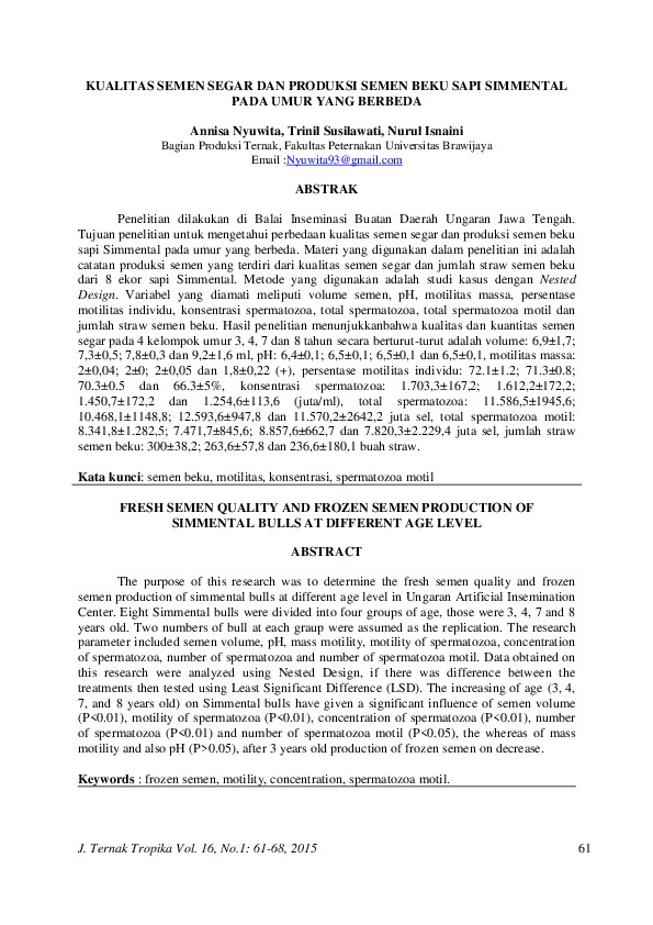 (PDF) Kualitas Semen Segar Dan Produksi Semen Beku Sapi Simmental Pada ...