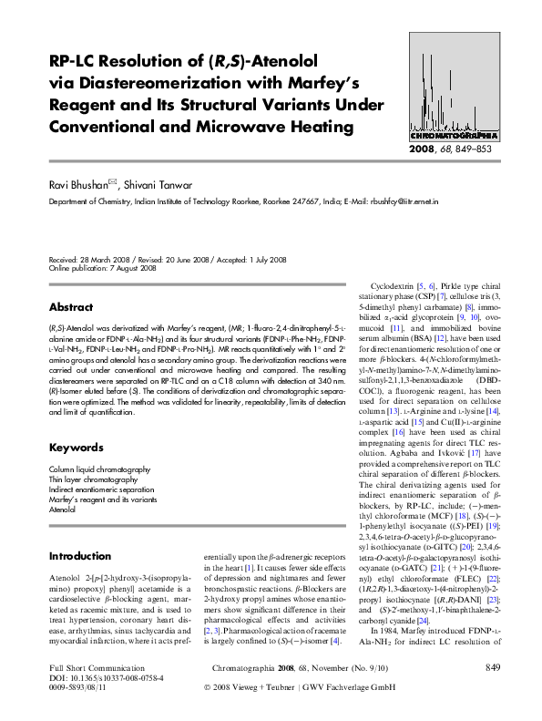 (PDF) RP-LC Resolution of (R,S)-Atenolol via Diastereomerization with ...
