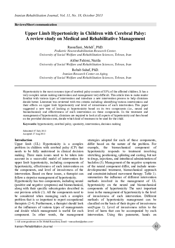 (PDF) Upper Limb Hypertonicity in Children with Cerebral Palsy: A ...