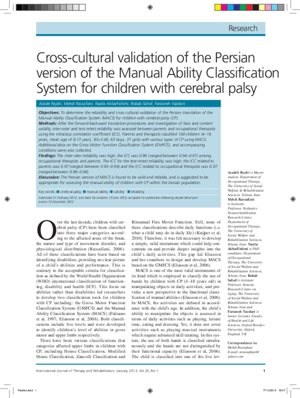 Pdf Cross Cultural Validation Of The Persian Version Of The Manual Ability Classification