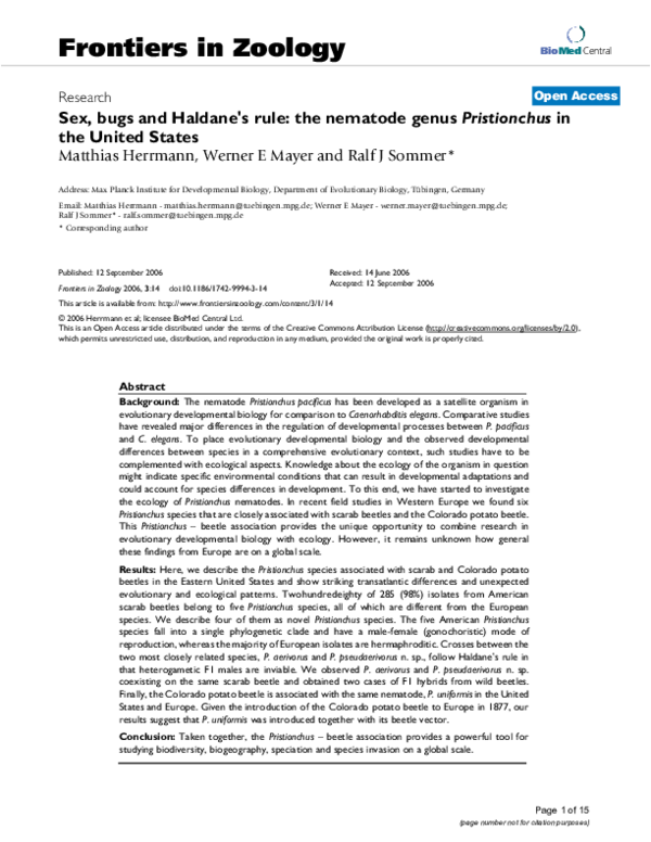 Pdf Sex Bugs And Haldanes Rule The Nematode Genus Pristionchus In The United States