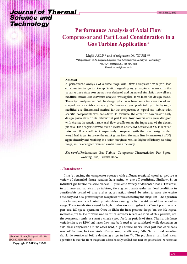 Pdf Performance Analysis Of Axial Flow Compressor And Part Load Consideration In A Gas Turbine