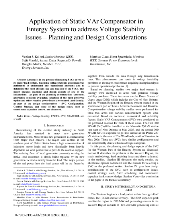 (PDF) Application of Static VAr Compensator in Entergy System to address Voltage Stability ...