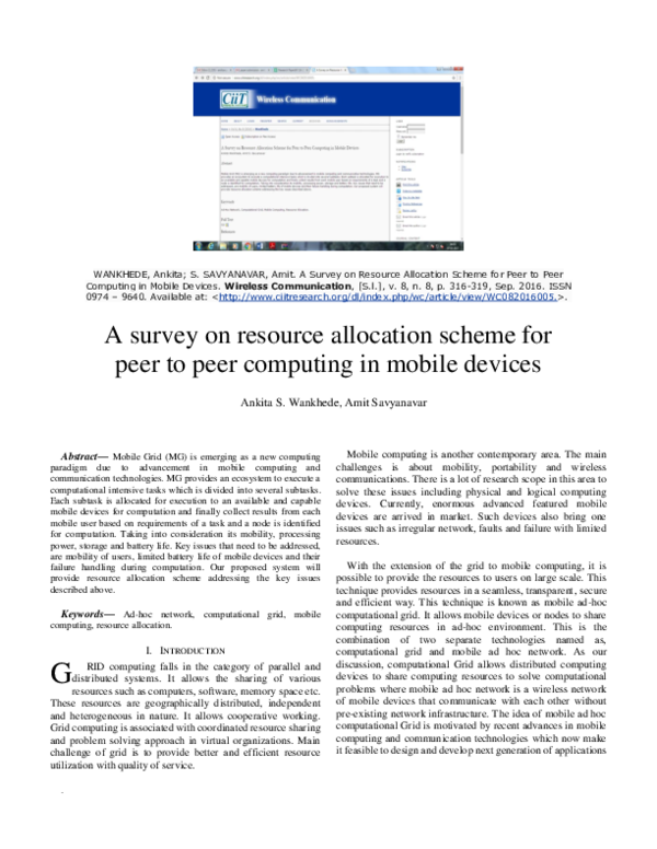 (PDF) A Survey on Resource Allocation Scheme for Peer to Peer Computing in Mobile Devices