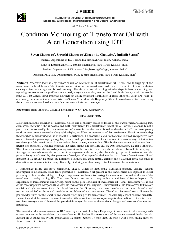 (PDF) Condition Monitoring of Transformer Oil with Alert Generation using IOT