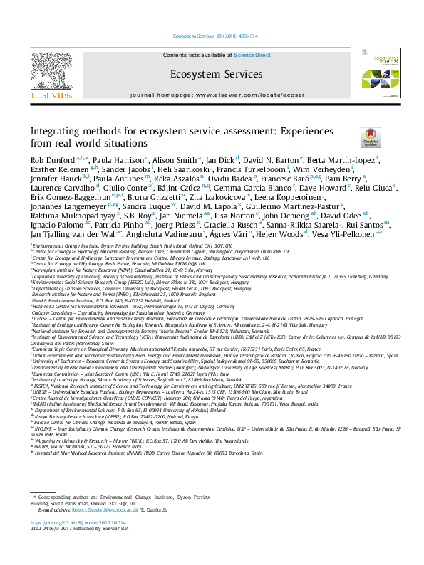 Pdf Integrating Methods For Ecosystem Service Assessment Experiences