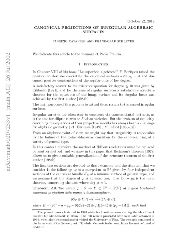 (PDF) Canonical projections of irregular algebraic surfaces