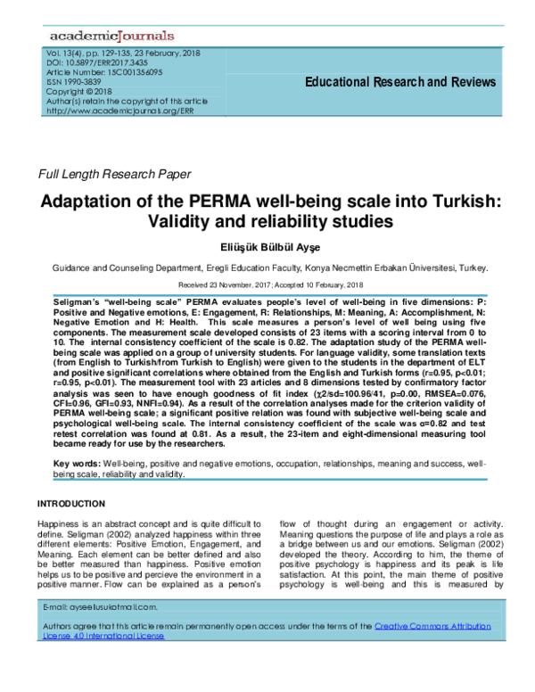 (PDF) Adaptation of the PERMA well-being scale into Turkish: Validity and reliability studies