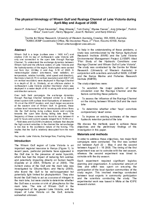 (PDF) The Physical Limnology of Winam Gulf and Rusinga Channel of Lake ...
