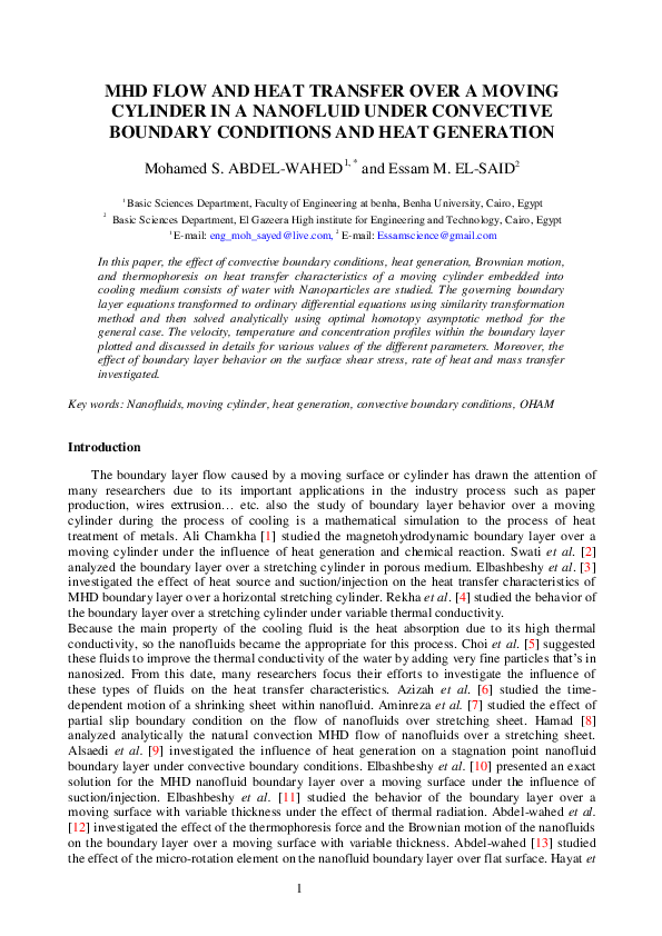(PDF) Magnetohydrodynamic flow and heat transfer over a moving cylinder in a nanofluid under ...