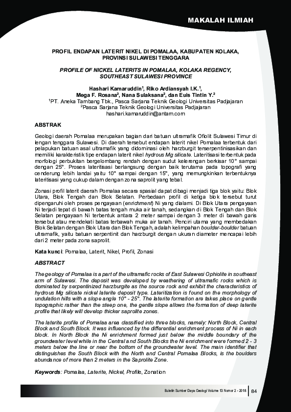 (PDF) Profil Endapan Laterit Nikel DI Pomalaa, Kabupaten Kolaka, Provinsi Sulawesi Tenggara