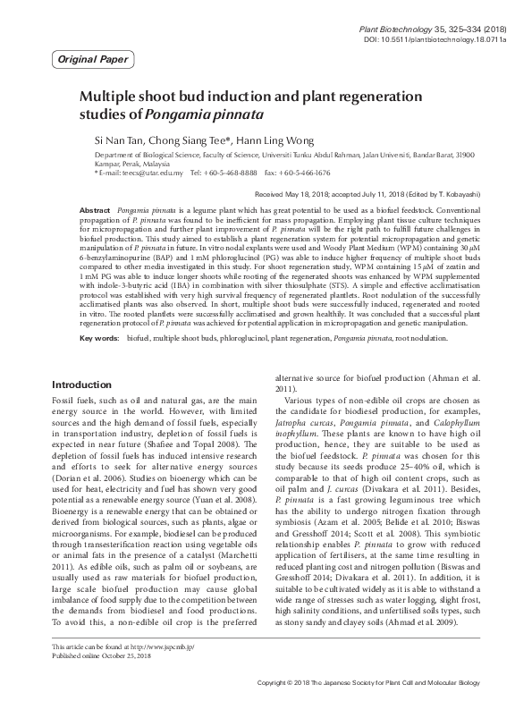 (PDF) Multiple shoot bud induction and plant regeneration studies of ...