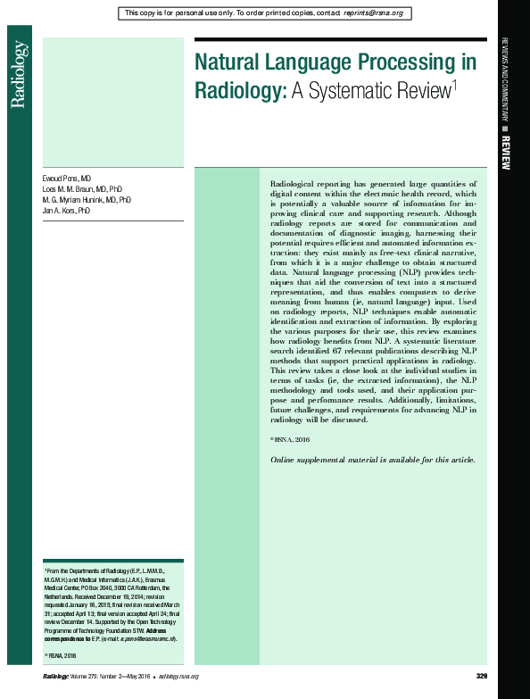 (PDF) Natural Language Processing in Radiology: A Systematic Review