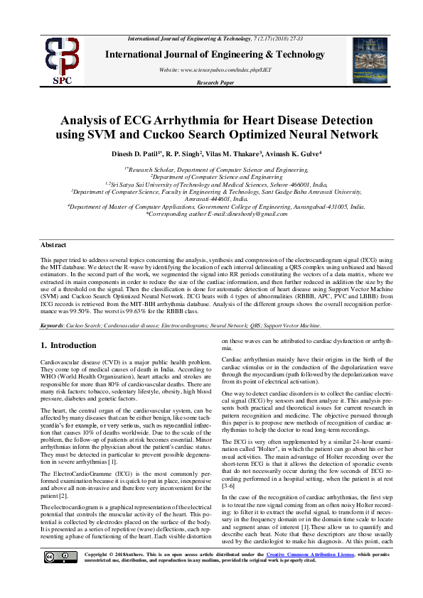 (PDF) Analysis of ECG Arrhythmia for Heart Disease Detection using SVM ...