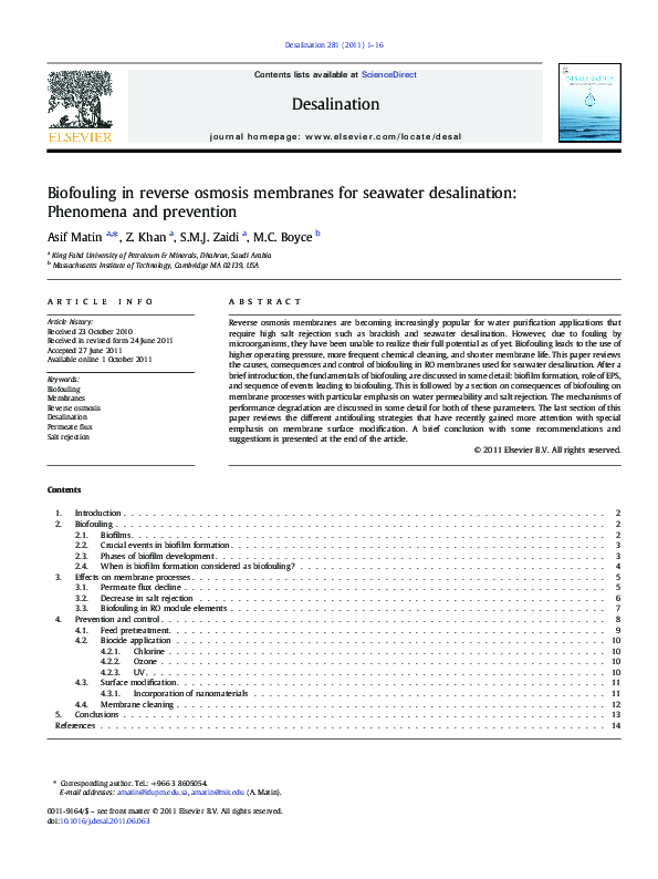 (PDF) Biofouling in reverse osmosis membranes for seawater desalination: Phenomena and prevention