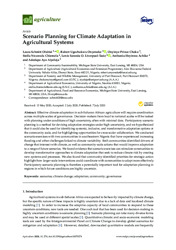 (PDF) Scenario Planning for Climate Adaptation in Agricultural Systems