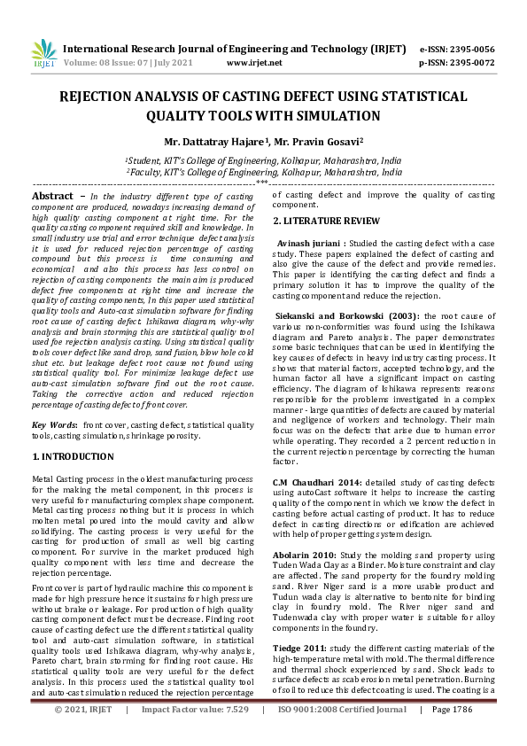 Pdf Irjet Rejection Analysis Of Casting Defect Using Statistical