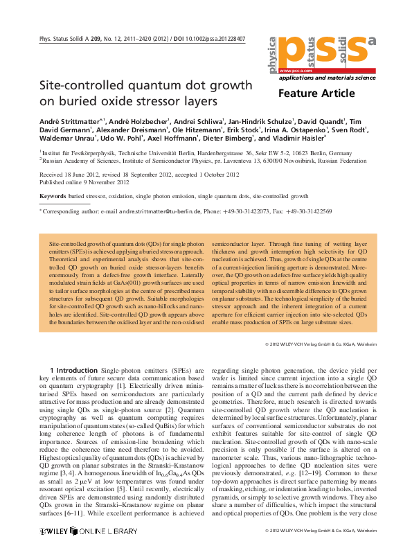 (PDF) Site-controlled quantum dot growth on buried oxide stressor layers