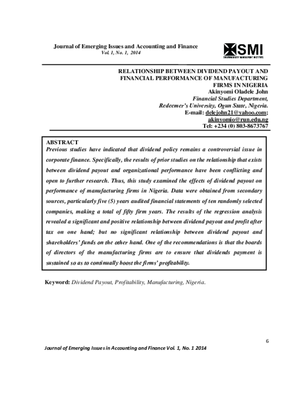 (PDF) Relationship between dividend payout and financial performance of manufacturing firms in ...
