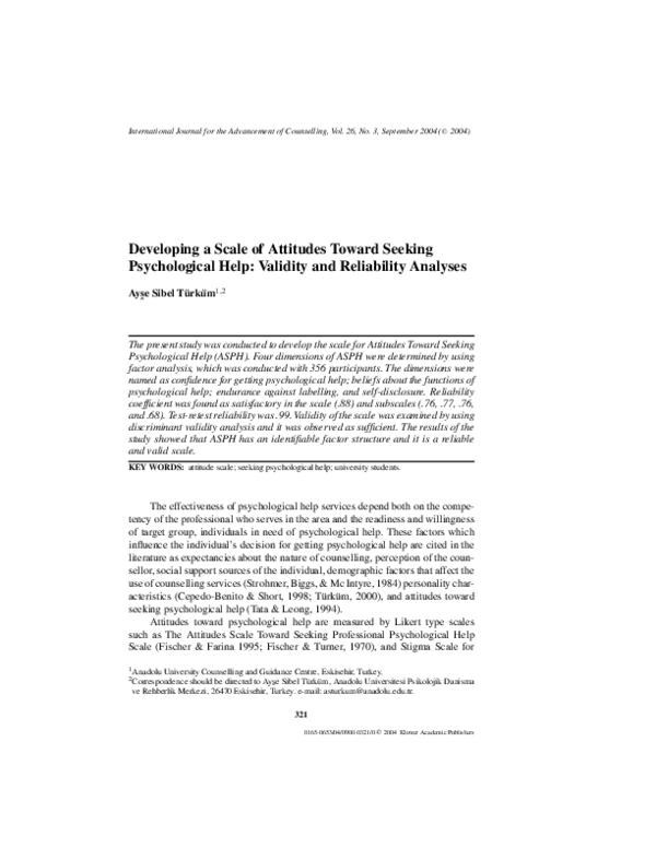 (PDF) Developing a Scale of Attitudes Toward Seeking Psychological Help: Validity and ...