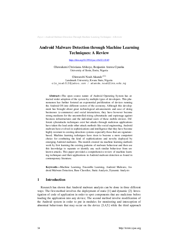 Pdf Android Malware Detection Through Machine Learning Techniques A Review
