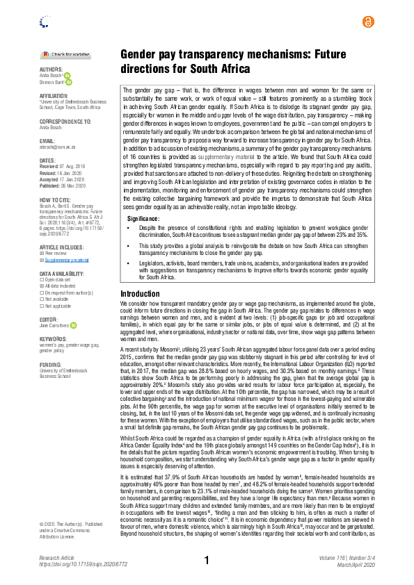 (PDF) Gender pay transparency mechanisms: Future directions for South ...