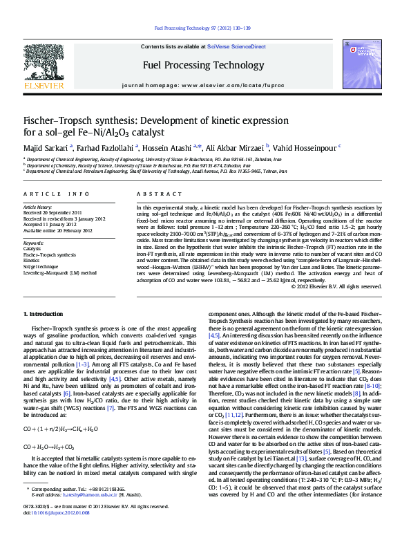 (PDF) Fischer–Tropsch synthesis: Development of kinetic expression for ...