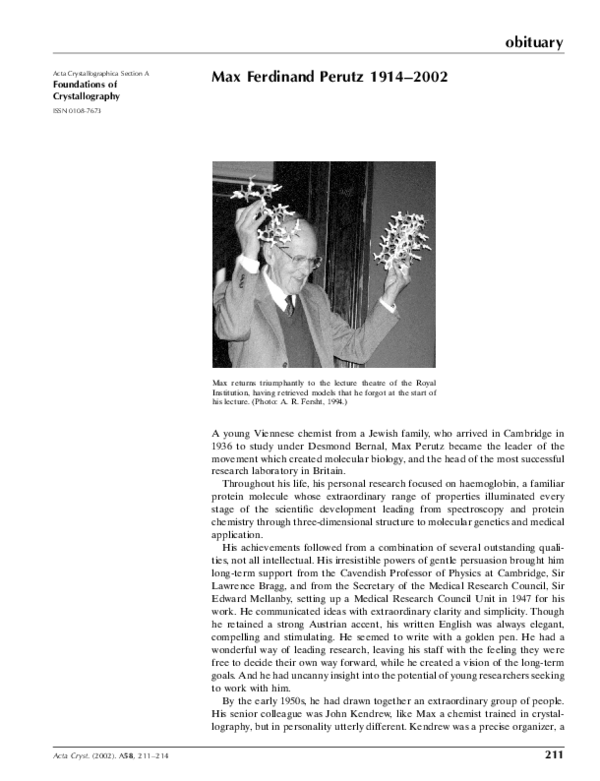 (PDF) Max Ferdinand Perutz 1914–2002 | George Radda - Academia.edu