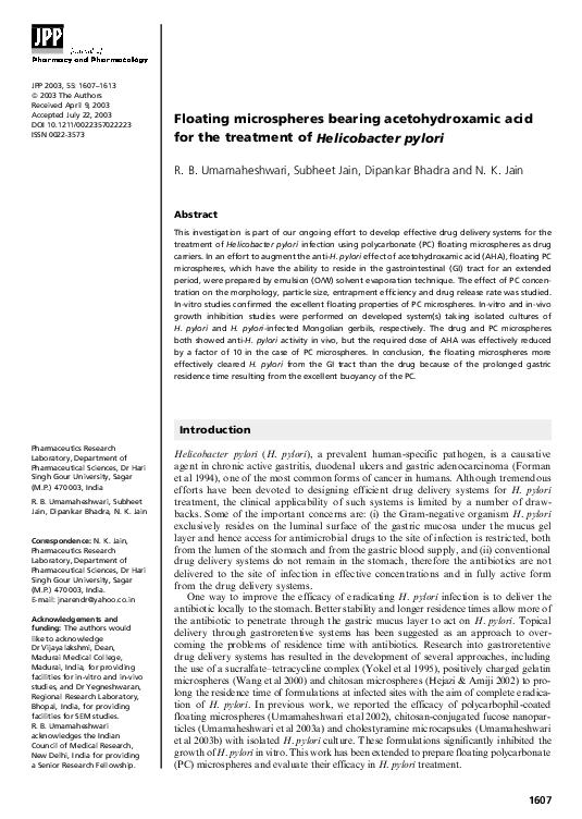 (PDF) Floating microspheres bearing acetohydroxamic acid for the treatment of Helicobacter pylori
