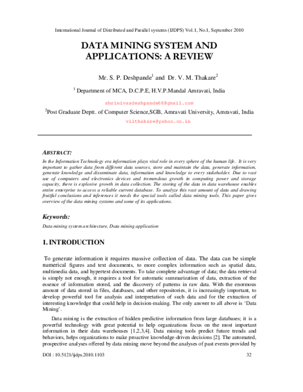 (PDF) Data Mining System and Applications: A Review