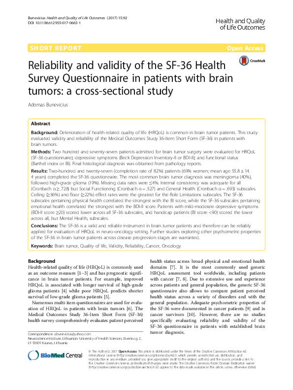 (PDF) SF-36 Health Survey Validity in Brain Tumors