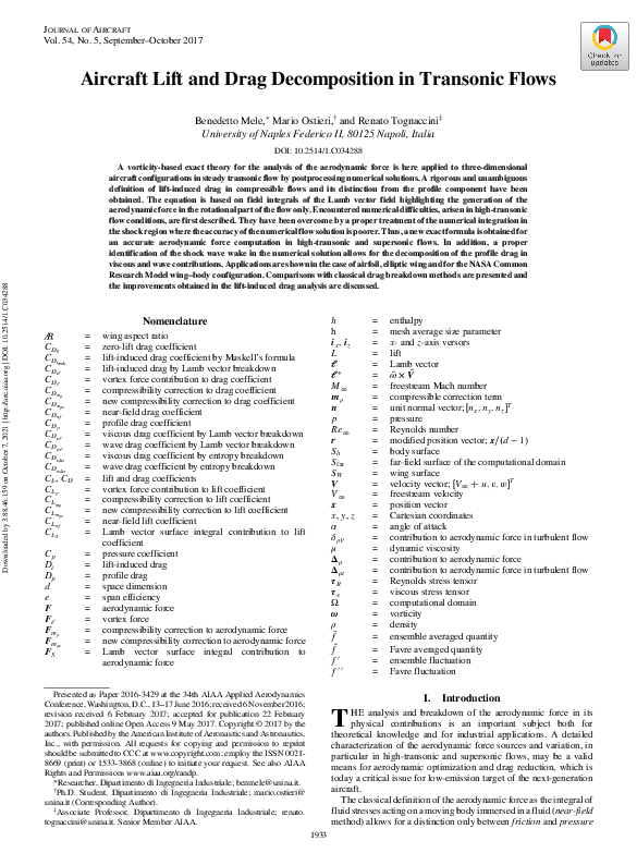 (PDF) Aircraft Lift and Drag Decomposition in Transonic Flows