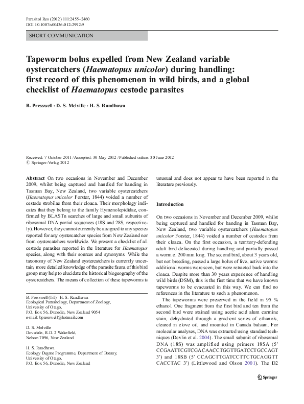 (PDF) Tapeworm bolus expelled from New Zealand variable oystercatchers ...