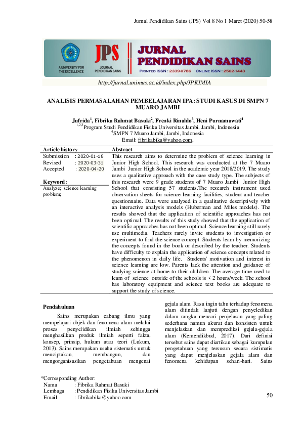 (PDF) Analisis Permasalahan Pembelajaran Ipa: Studi Kasus DI SMPN 7 Muaro Jambi
