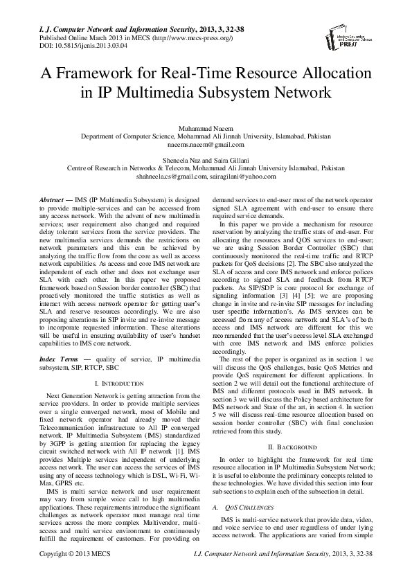 Pdf A Framework For Real Time Resource Allocation In Ip Multimedia Subsystem Network