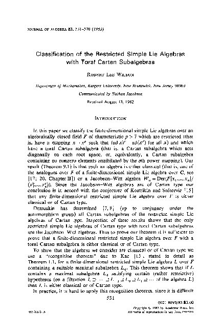 (PDF) Classification of the restricted simple Lie algebras with toral ...