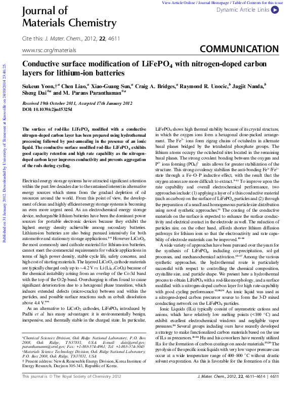 (PDF) Conductive surface modification of LiFePO4 with nitrogen-doped carbon layers for lithium ...